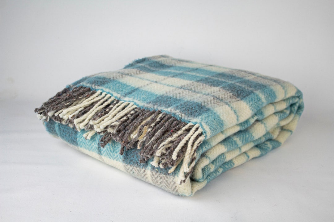 Aqua Blue Tartan Plaid Wool Throw Blanket, Wool Blanket, Warm Cozy ...