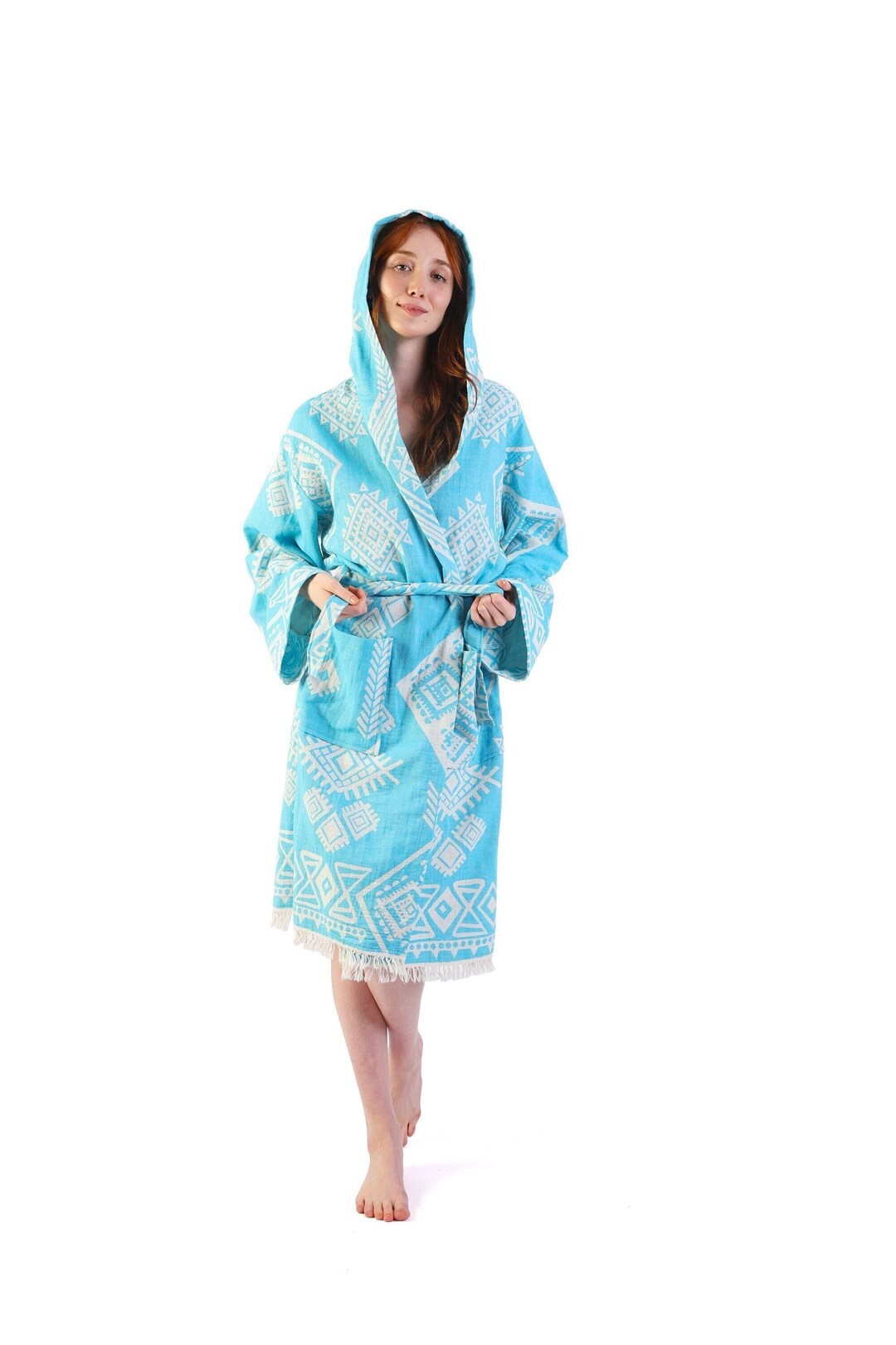EMERALD - Aqua Blue Ethnic Pattern Robe, Lightweight Kimono Robes for ...