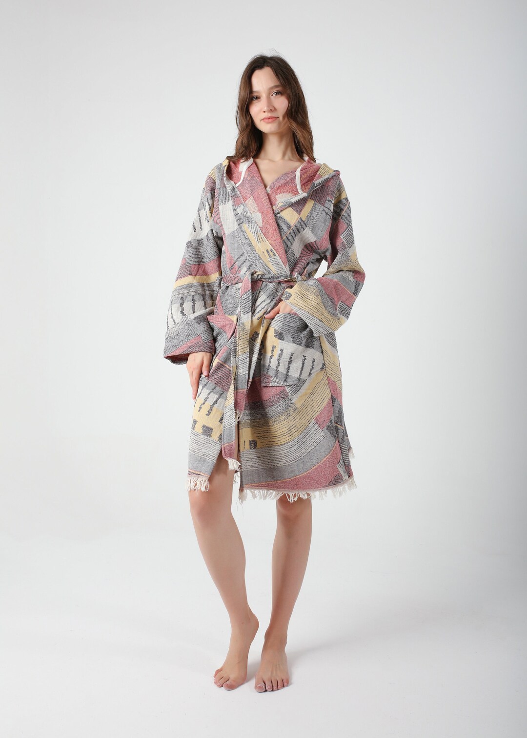 Burgundy Colorful Jacquard Turkish Cotton Robe for Women, Lightweight ...