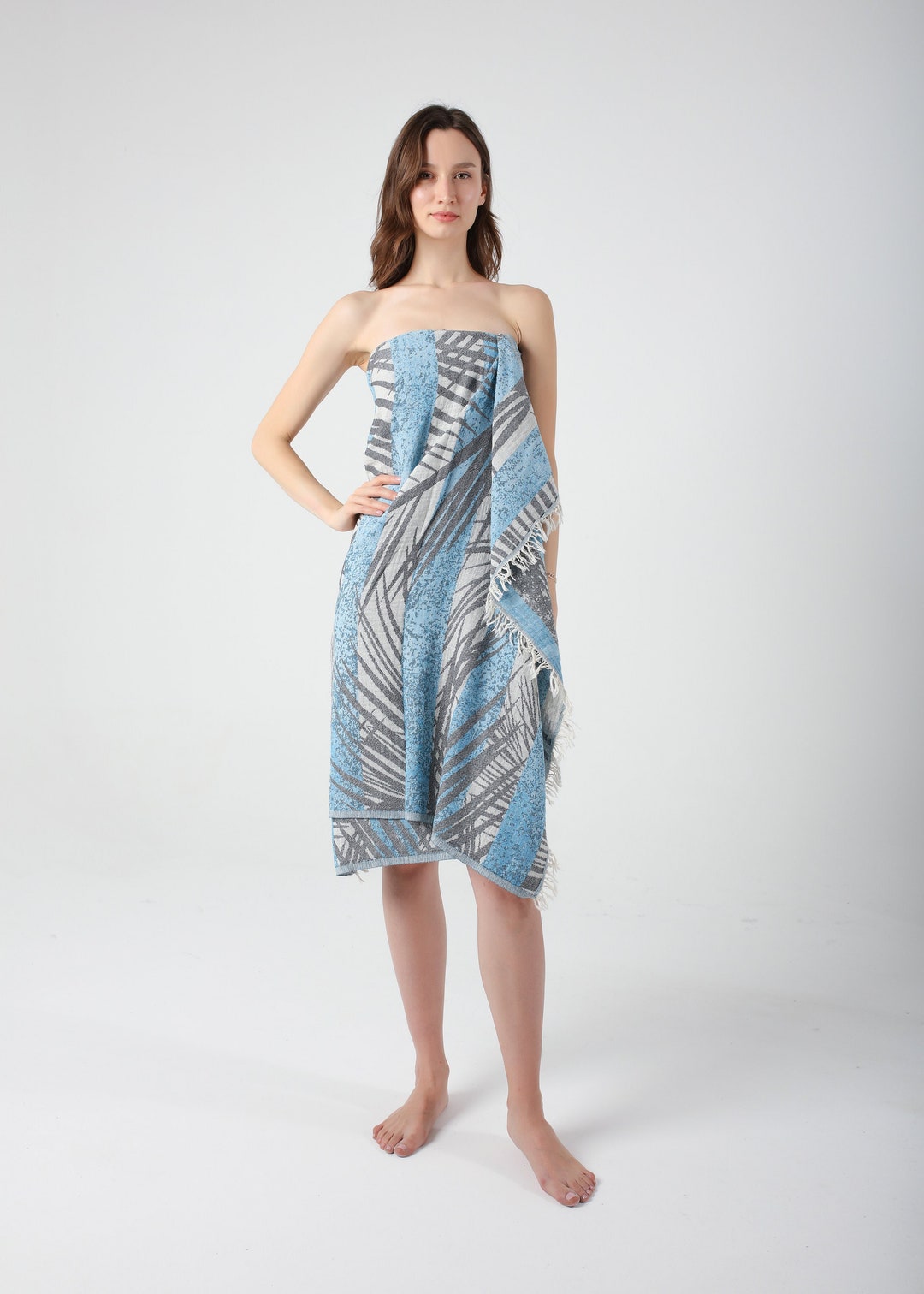 Blue Palm Jacquard Turkish Cotton Beach Cover up Towel, Beach Blanket ...