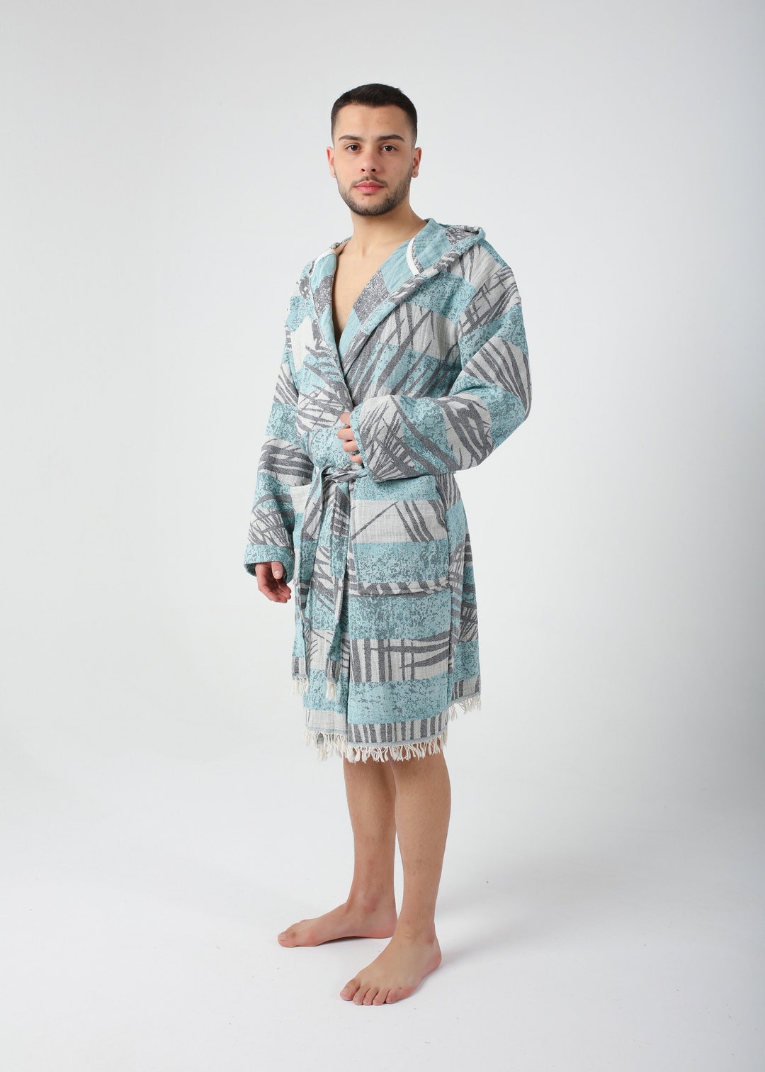 Aqua Blue Palm Jacquard Turkish Cotton Robe for Men, Lightweight ...