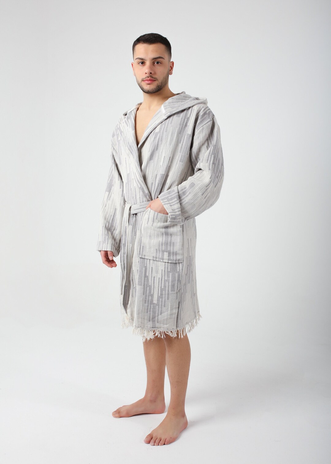 Personalized Gray Marrakesh Pattern Turkish Cotton Robe for Men ...
