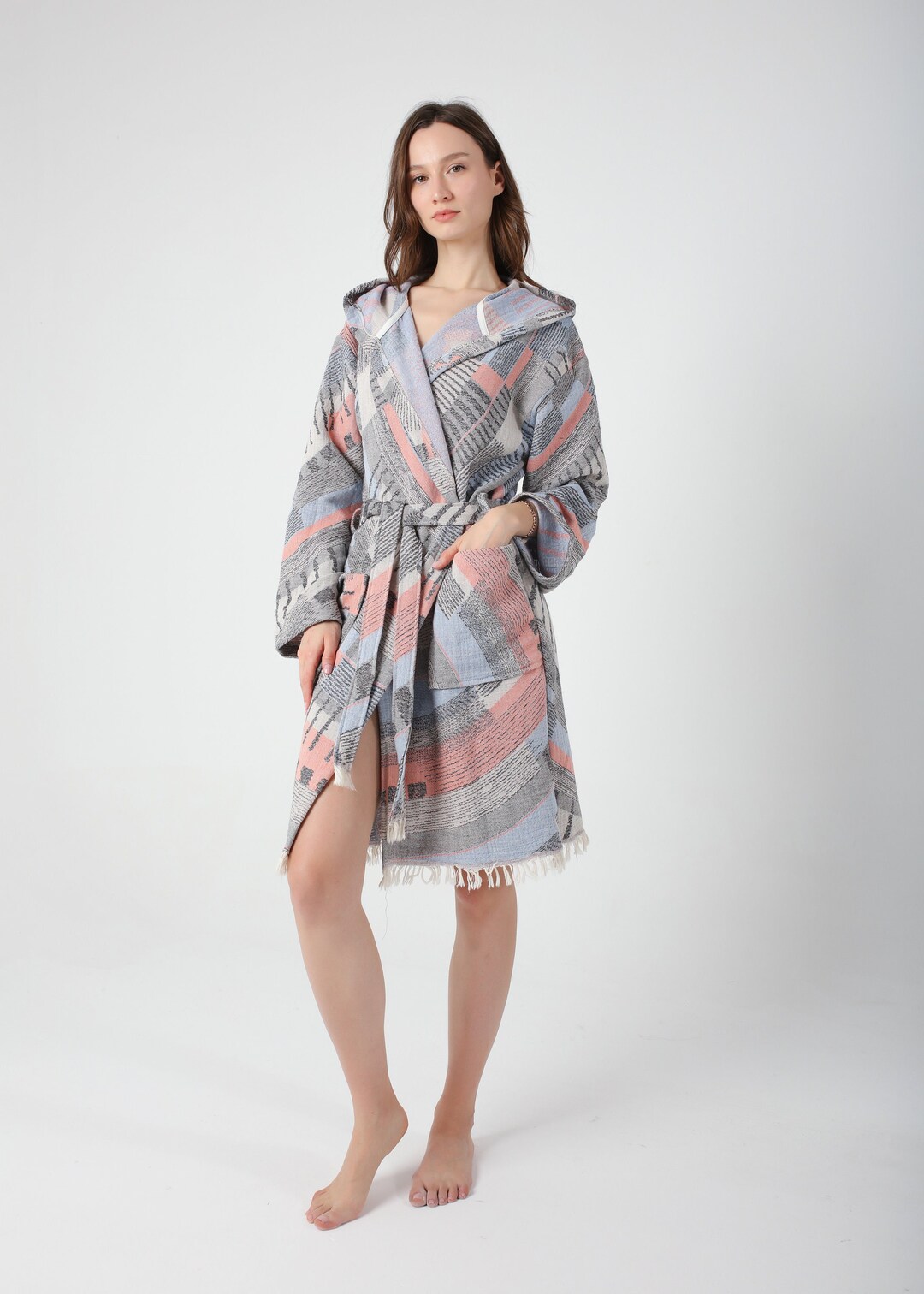 Coral Colorful Jacquard Turkish Cotton Robe for Women, Lightweight ...