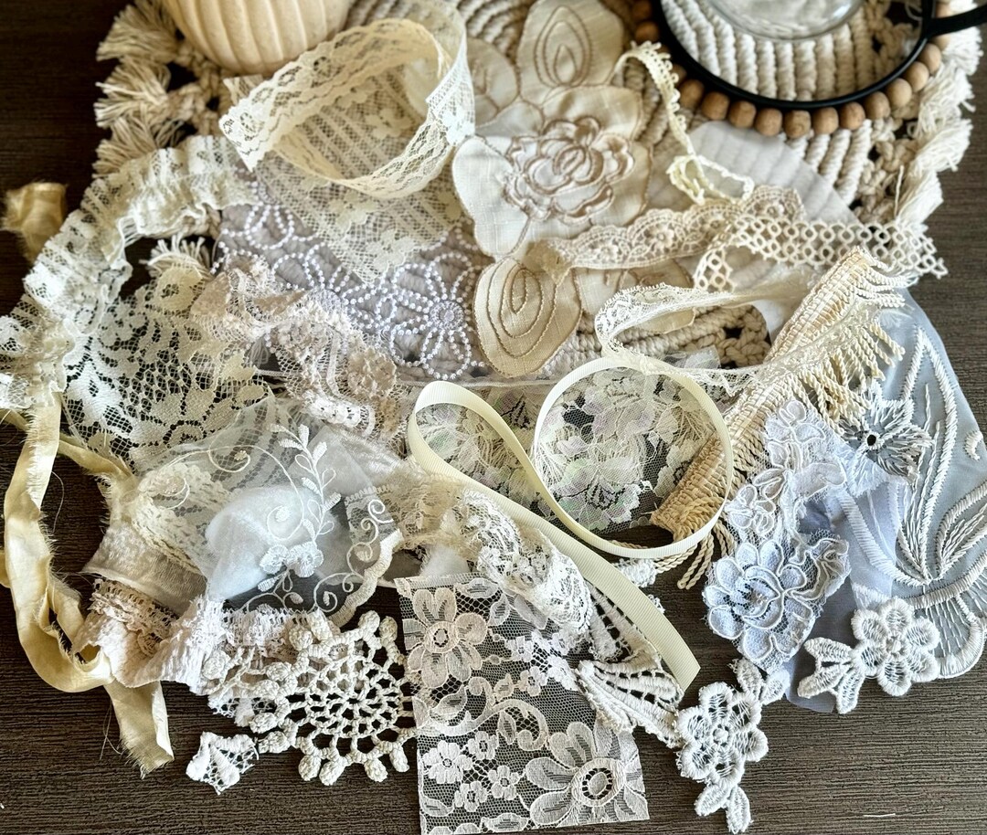 Lace, Trim, Embroidered Fabric Scraps, Appliques Over 30 Pc Bundle ...