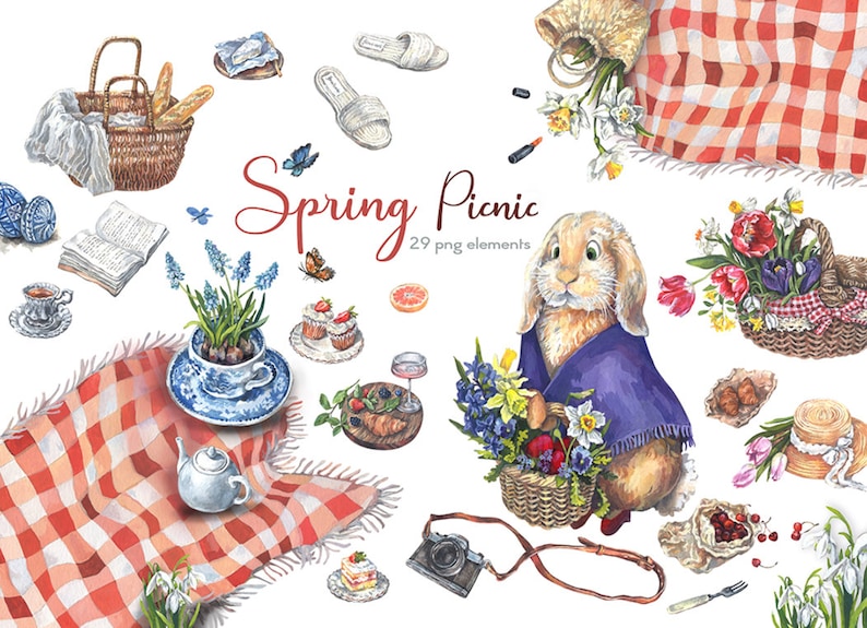 Spring Picnic Clipart, Spring Png, Watercolor Spring Clipart, Outdoor ...