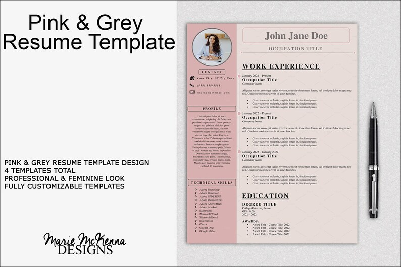 Pink & Grey Resume Template Design - Etsy