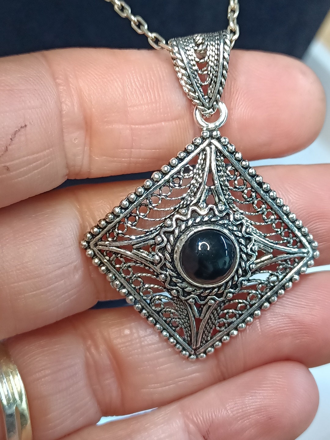 Filigree Embroidered Obsidian Stone Silver Women's Necklace - Etsy