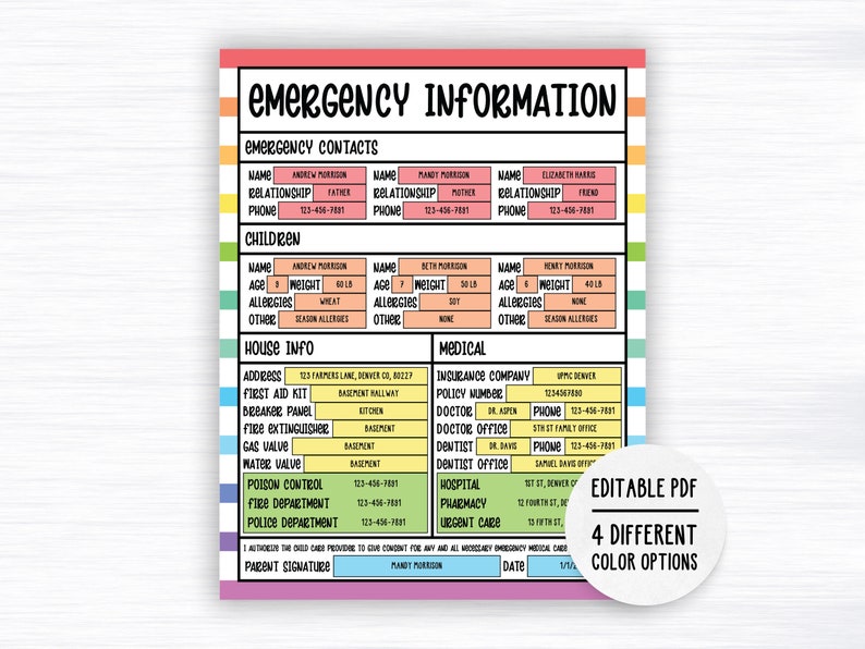 Editable Emergency Contact Info Sheet, Contact Information for Nanny ...