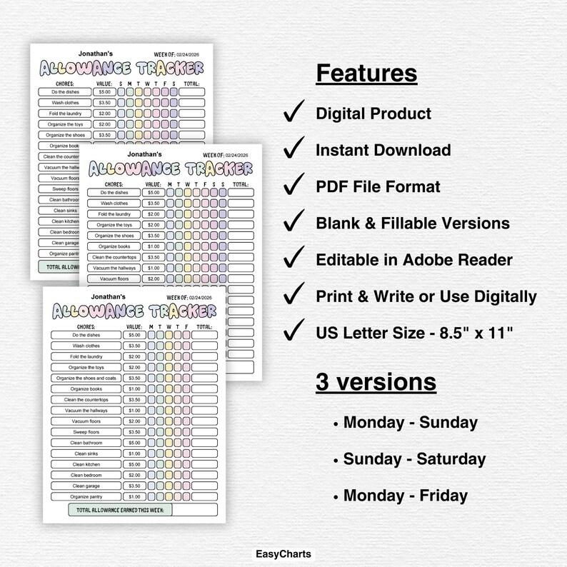 Editable Allowance Tracker for Kids, Earn Money, Chore Chart, Allowance ...