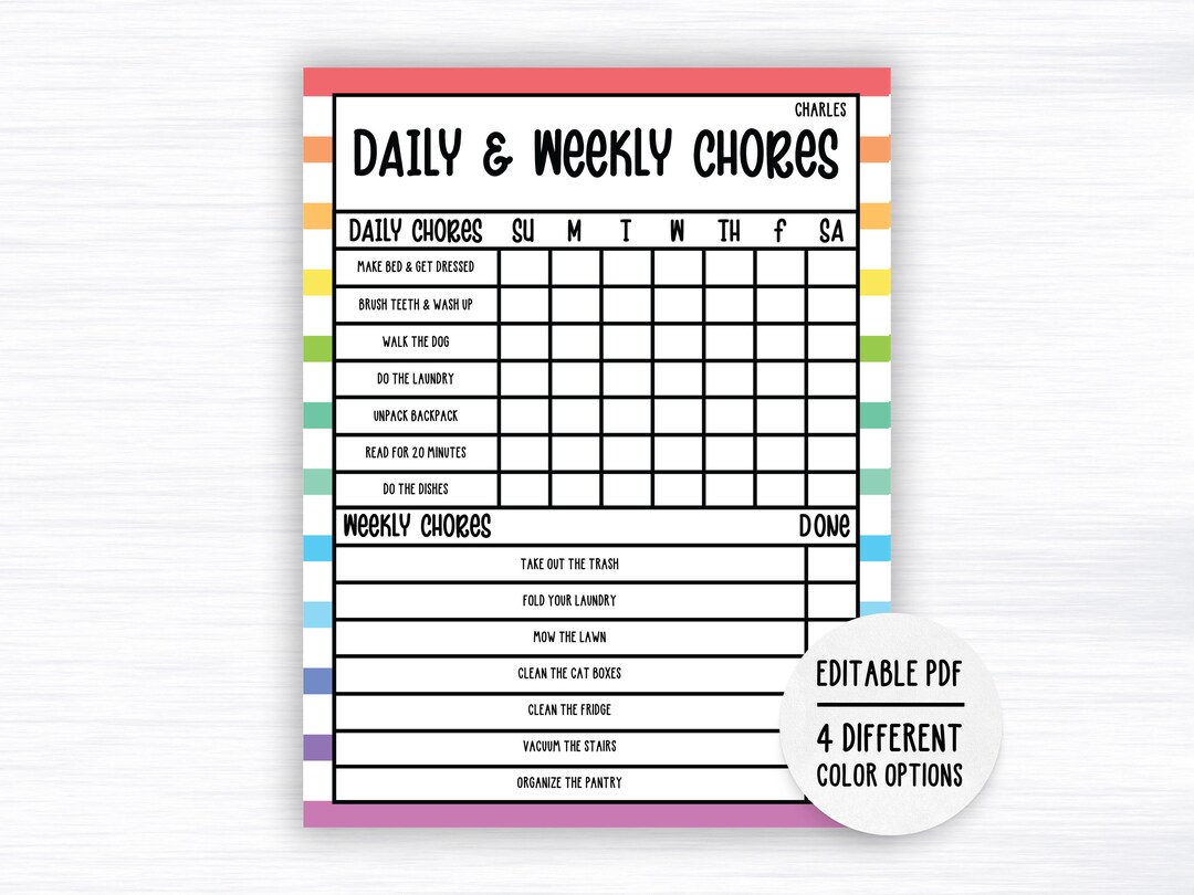 Editable Chore Chart, Printable Daily & Weekly Kids Chore ...