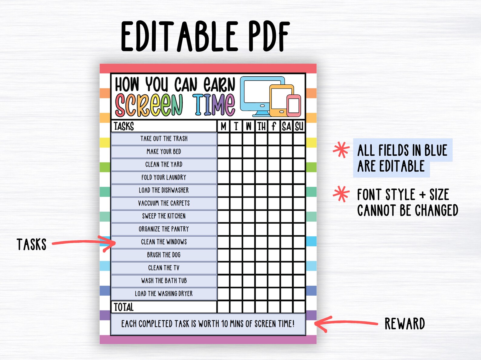 Screen Time Checklist, Editable, Printable, Screen Time Chore Chart ...
