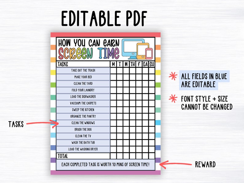 Screen Time Checklist, Editable, Printable, Screen Time Chore Chart ...