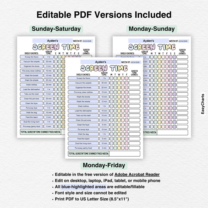 Editable Screen Time Checklist, Screen Time Chore Chart, Screen Time ...