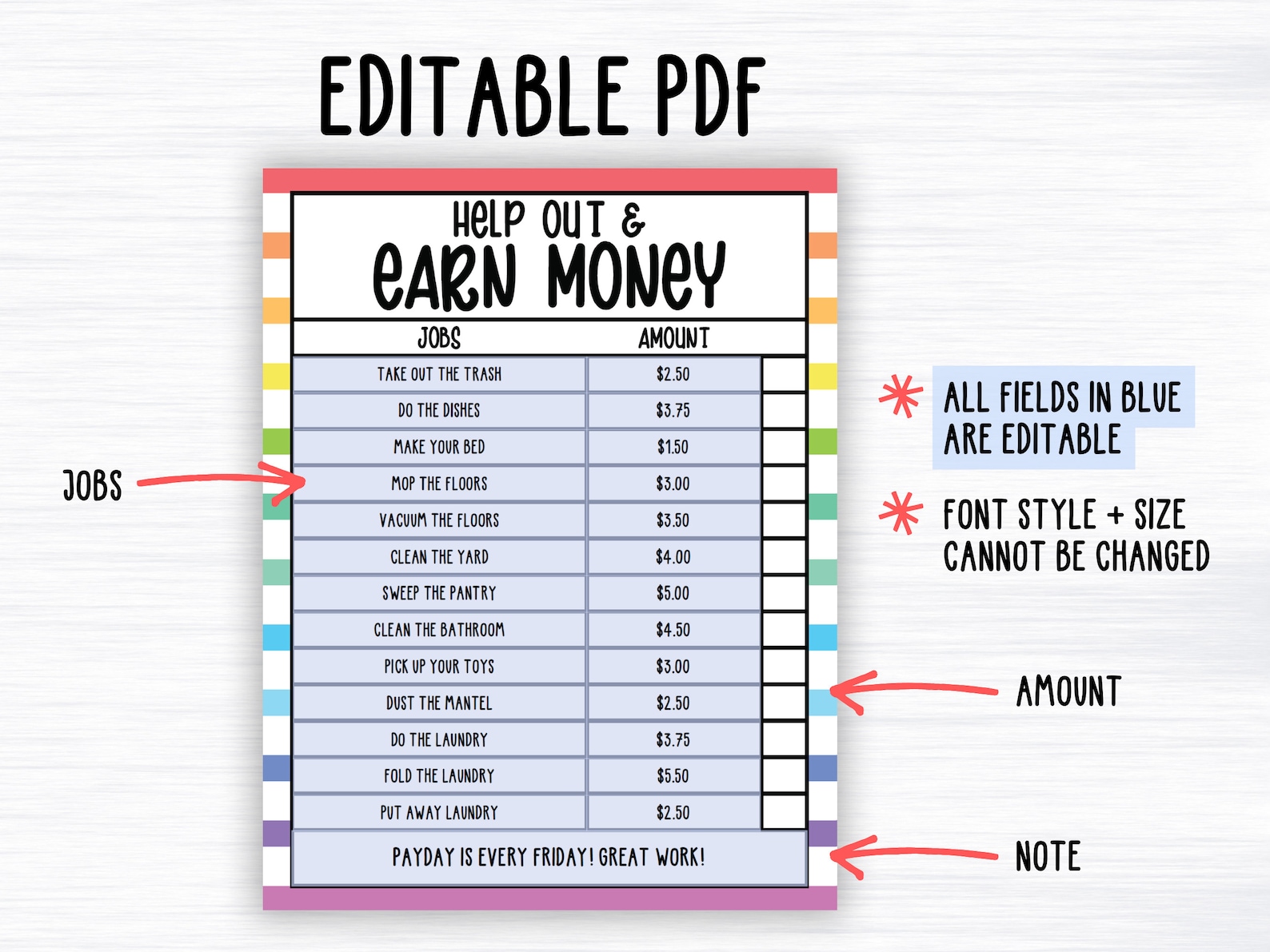 Editable How to Earn Money Chore Chart, Allowance Chore Chart for Kids ...