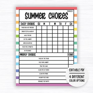 Editable Chore Chart, Printable Summer Daily & Weekly Kids Chore ...