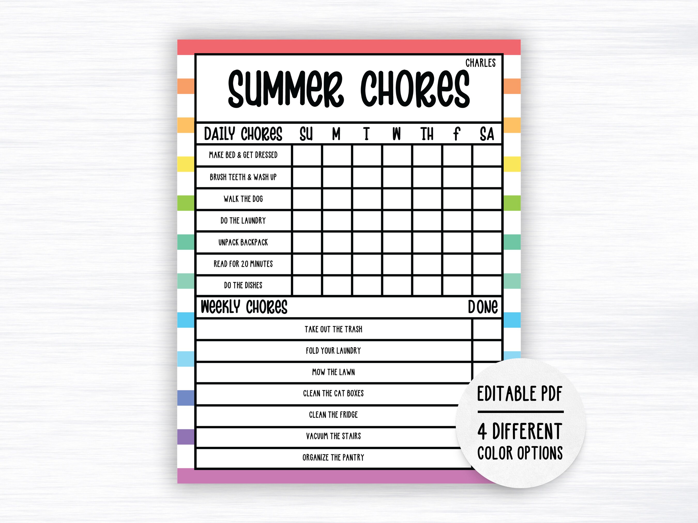 Editable Chore Chart, Printable Summer Daily & Weekly Kids Chore ...