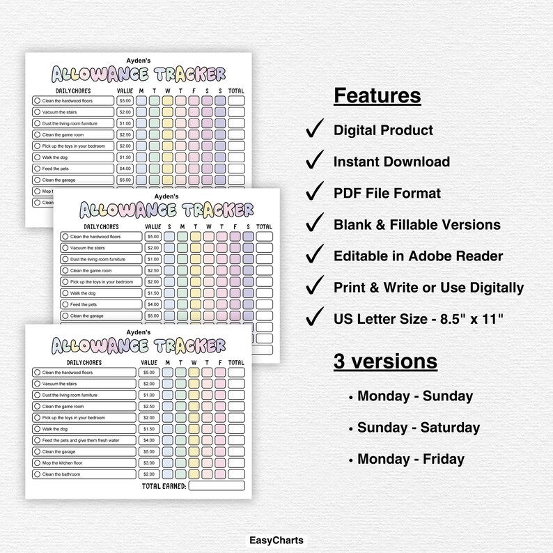 Editable Allowance Tracker for Kids, Chore Chart, Earn Money, Allowance ...