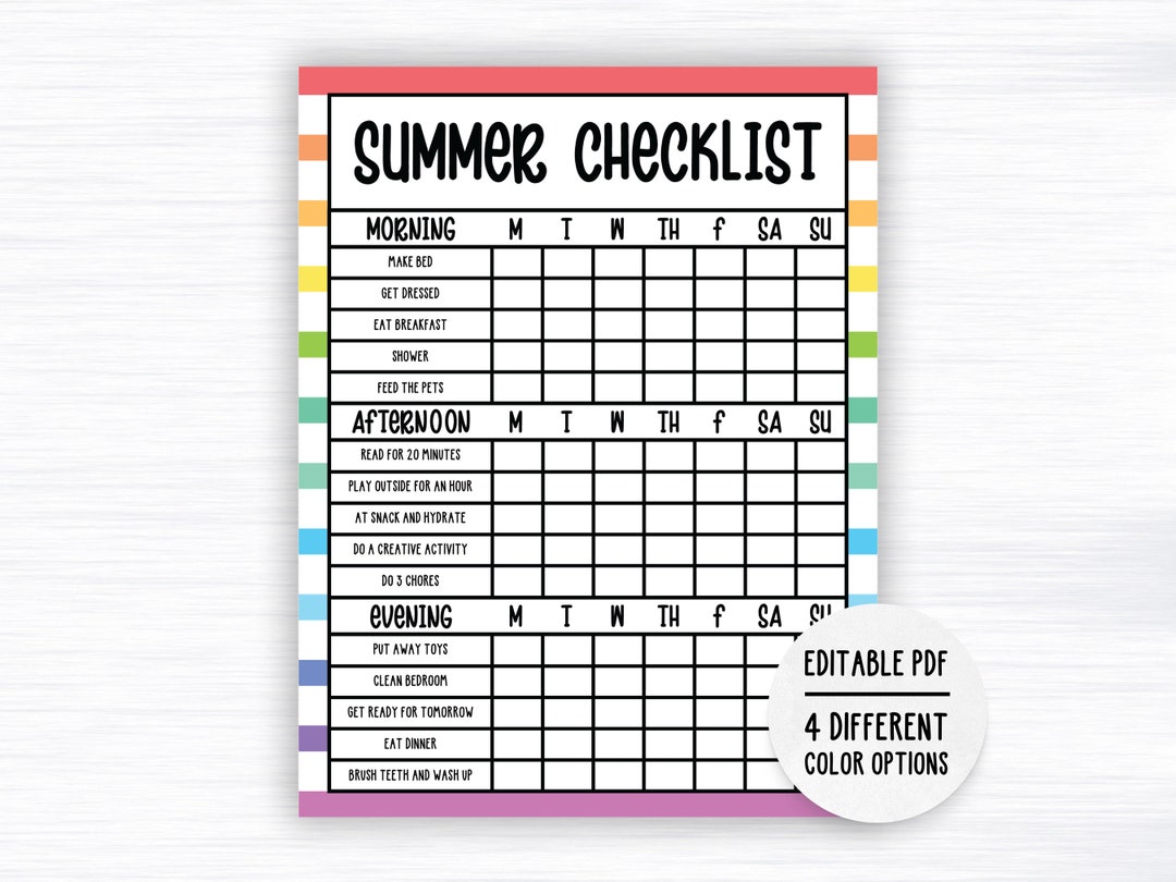 Editable Chore Chart, Printable Summer Daily Checklist for Kids, Chore ...
