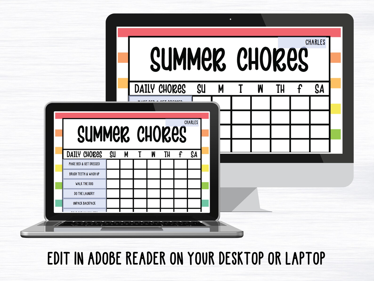 Editable Chore Chart, Printable Summer Daily & Weekly Kids Chore ...