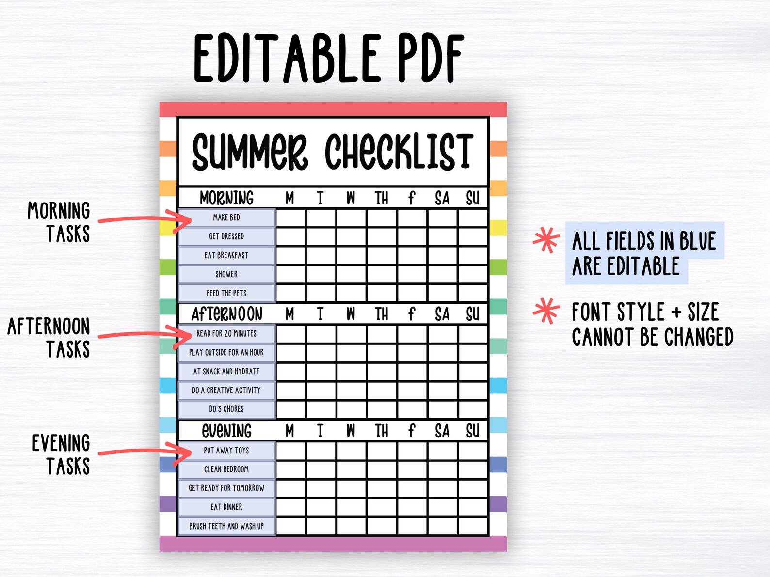 Editable Chore Chart, Printable Summer Daily Checklist for Kids, Chore ...