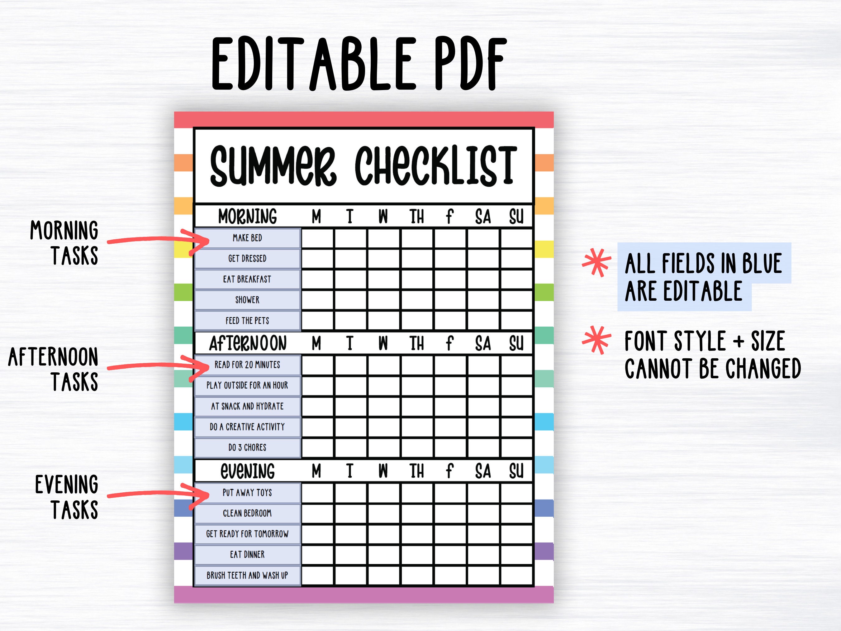 Editable Chore Chart, Printable Summer Daily Checklist for Kids, Chore ...
