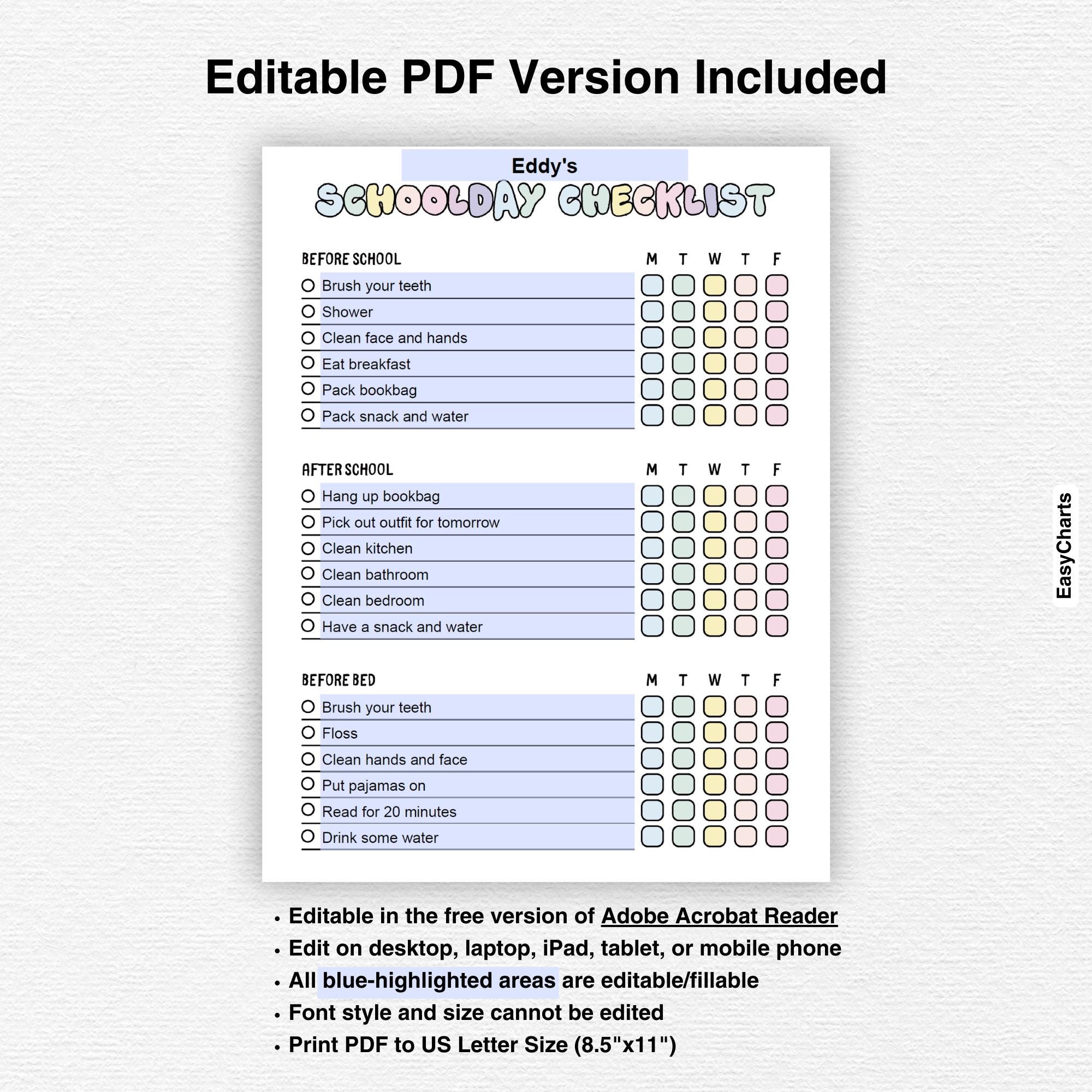 Editable School Daily Checklist for Teens Pre-teens, Kids Chore Chart ...