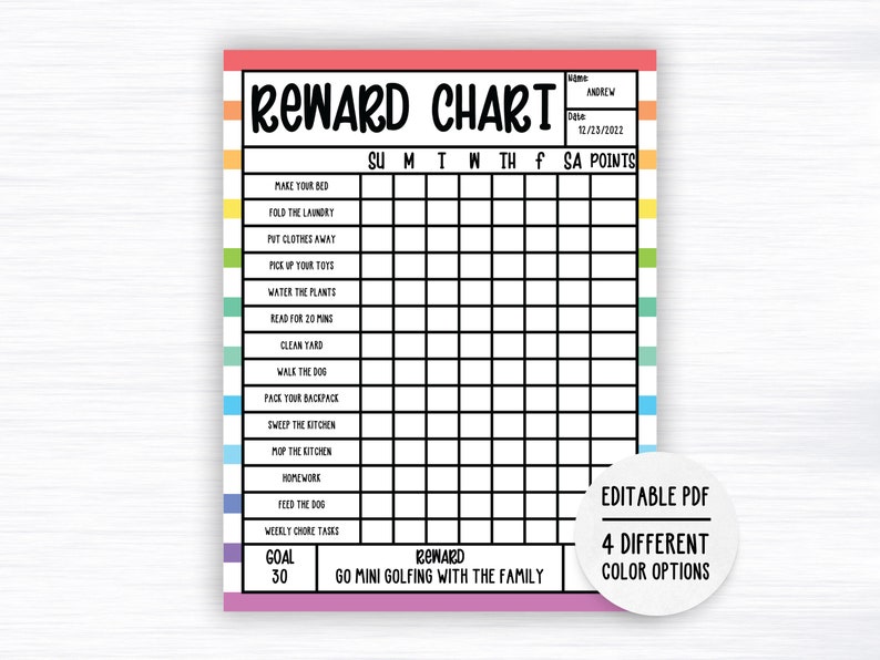 Editable Reward Chart, Chore Chart, Weekly Kids Chore and Reward Chart ...