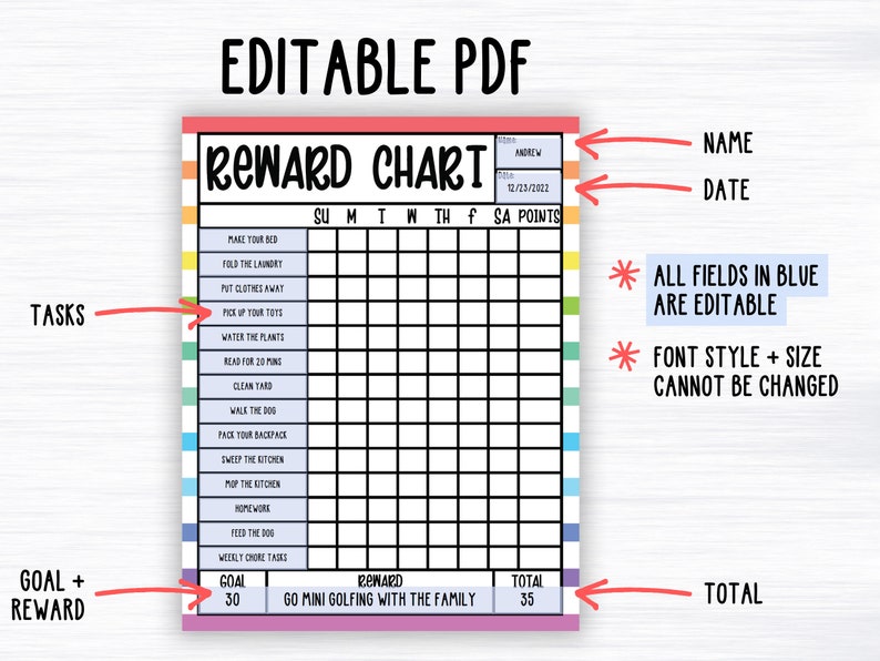 Editable Reward Chart, Chore Chart, Weekly Kids Chore and Reward Chart ...