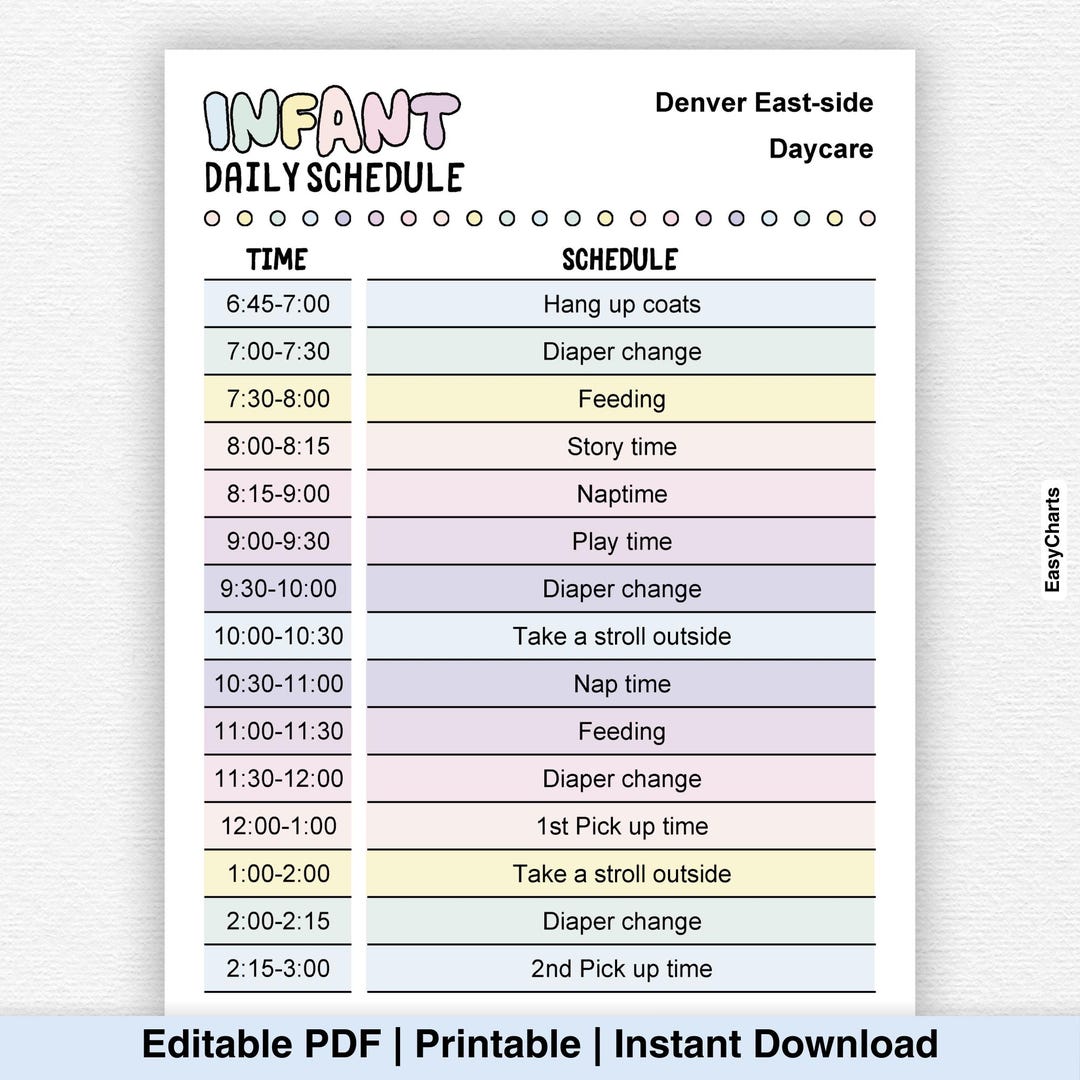 Daycare Daily Schedule for Infants, Kids Daily Schedule Template ...