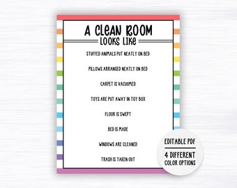 Printable Kids Room Cleaning Guide, Chore Chart Editable PDF, Family ...