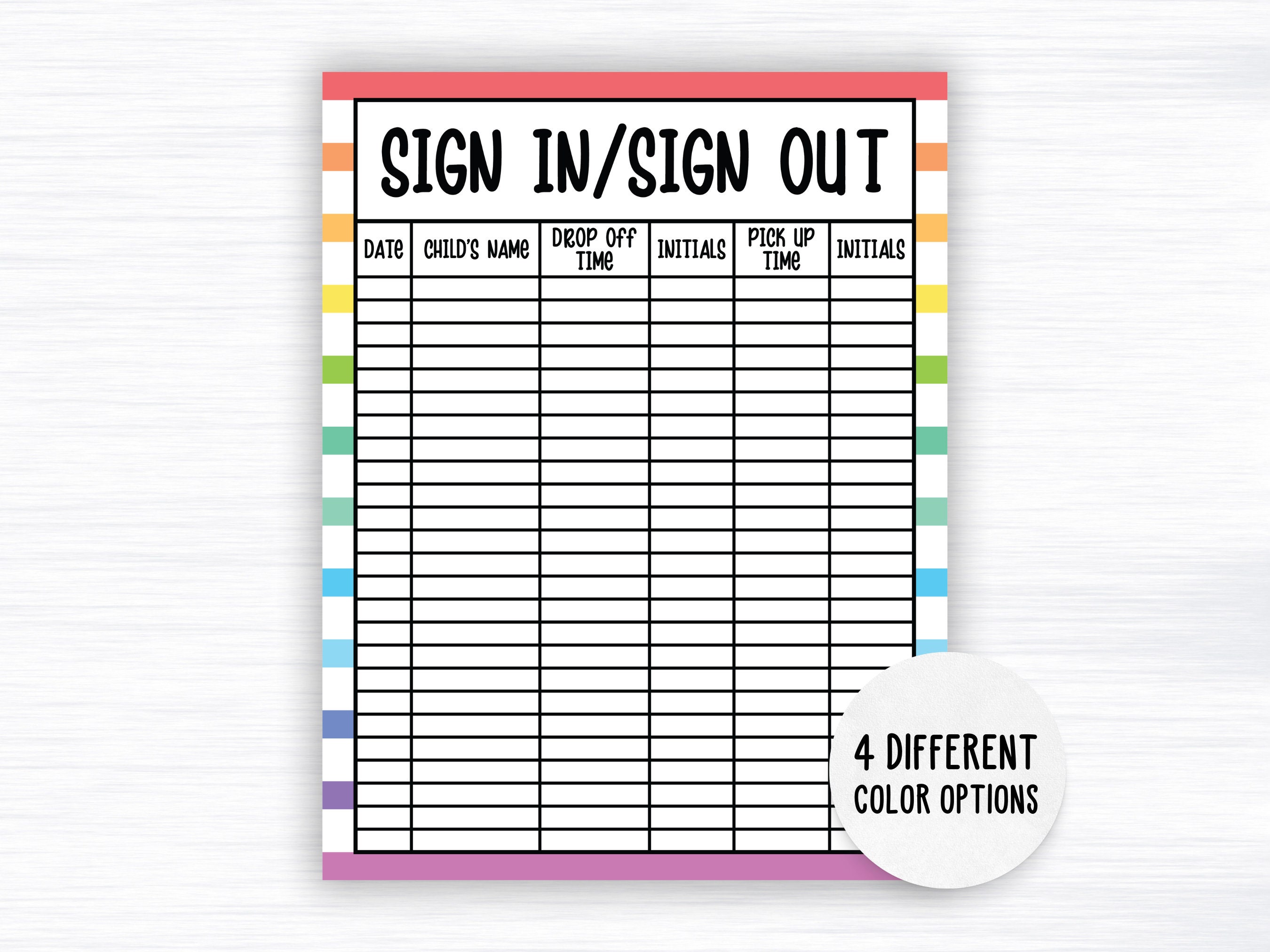 Sign in Sheets for Daycare, School, Preschool, Sports, Recreational ...