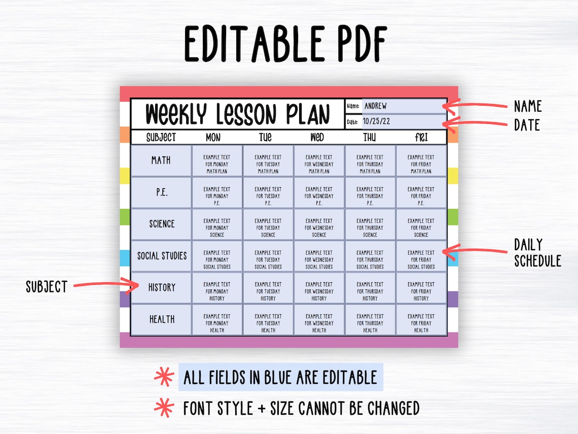 Editable Weekly Lesson Plan, Printable Simple School Schedule, Weekly ...