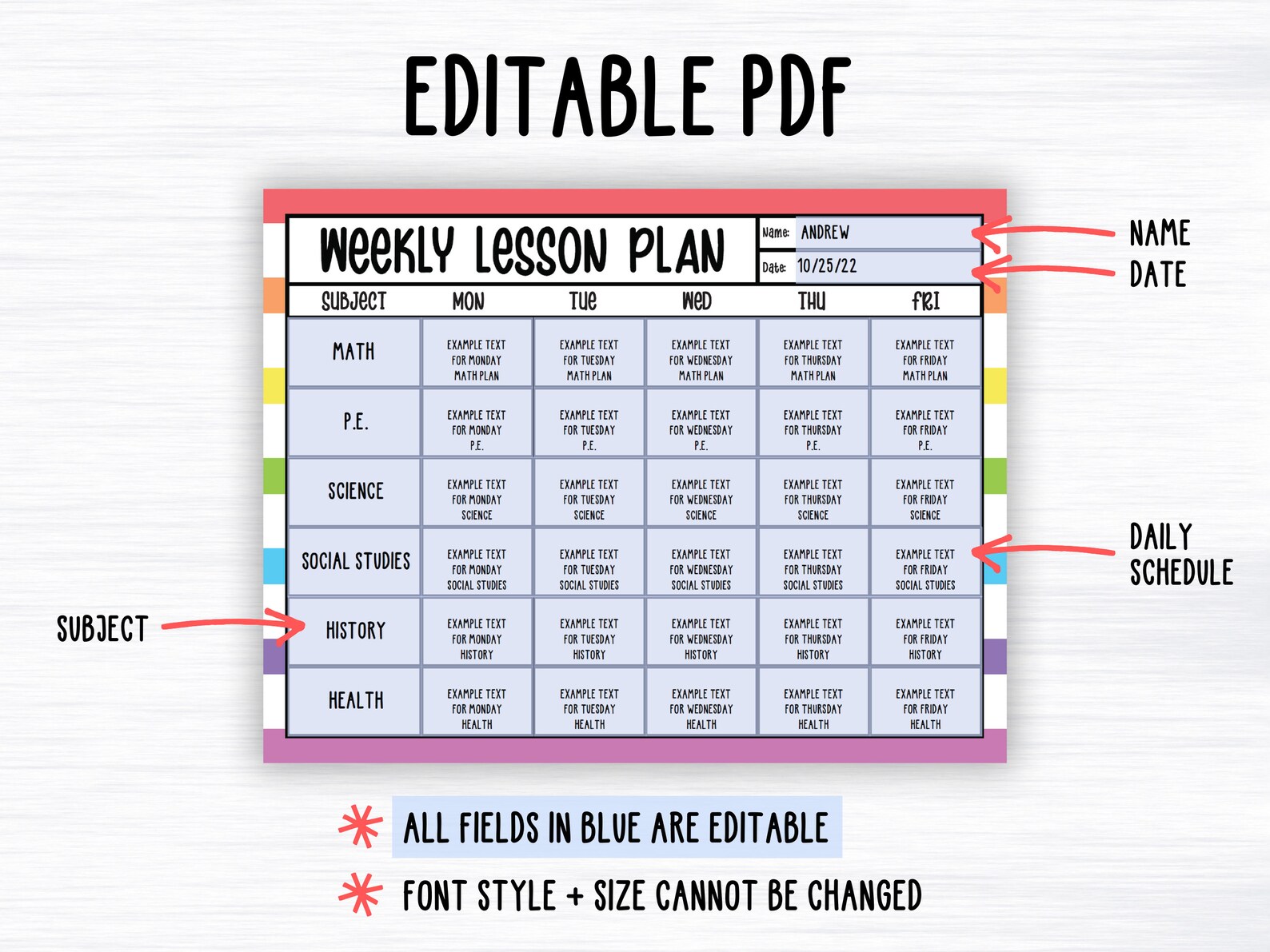 Editable Weekly Lesson Plan, Printable Simple School Schedule, Weekly ...