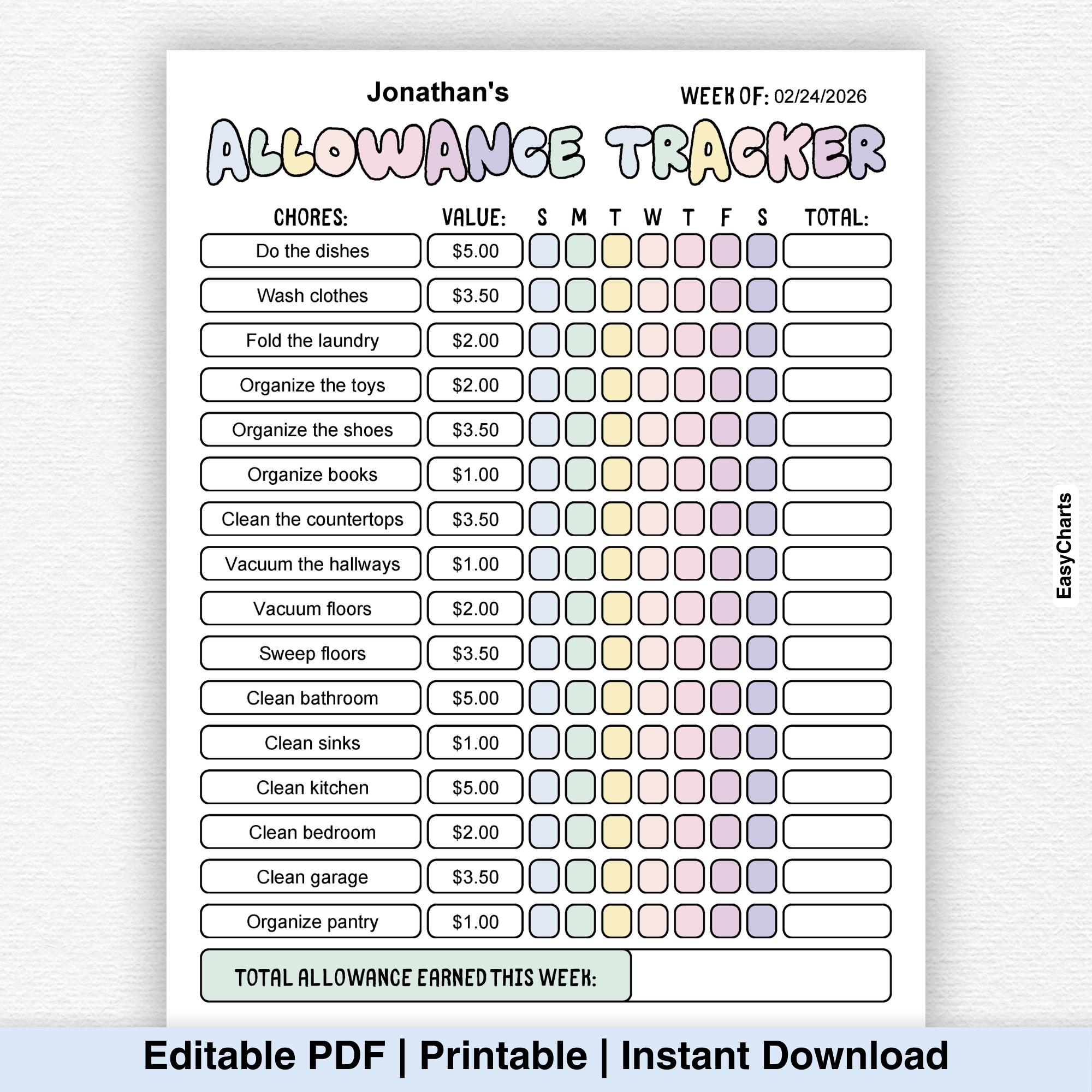 Editable Allowance Tracker for Kids, Earn Money, Chore Chart, Allowance ...