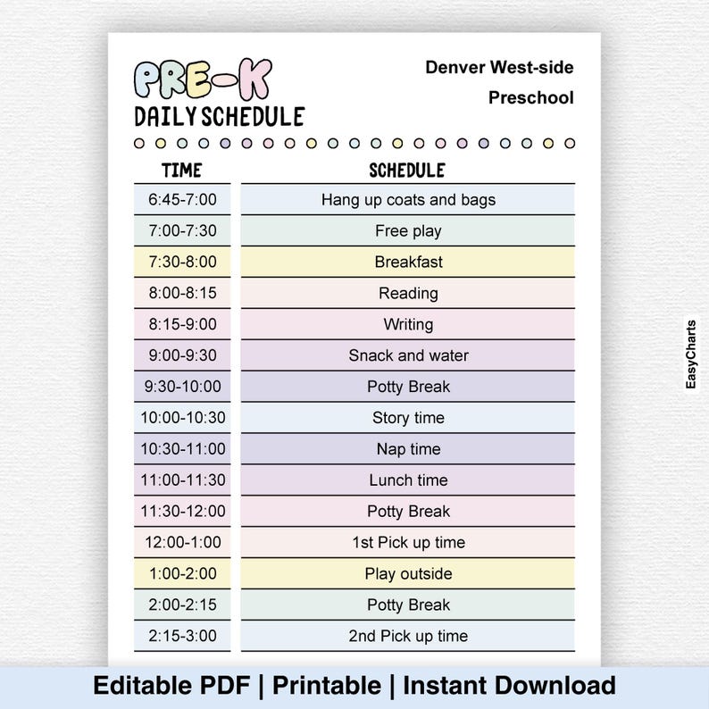 Daycare Daily Schedule for Preschool, Pre-k, Printable Child Care, Kids ...