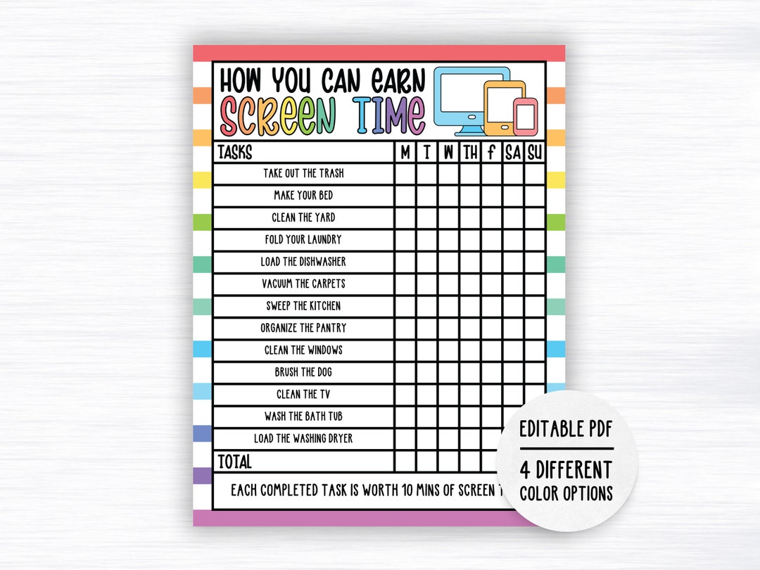 Screen Time Checklist, Editable, Printable, Screen Time Chore Chart ...