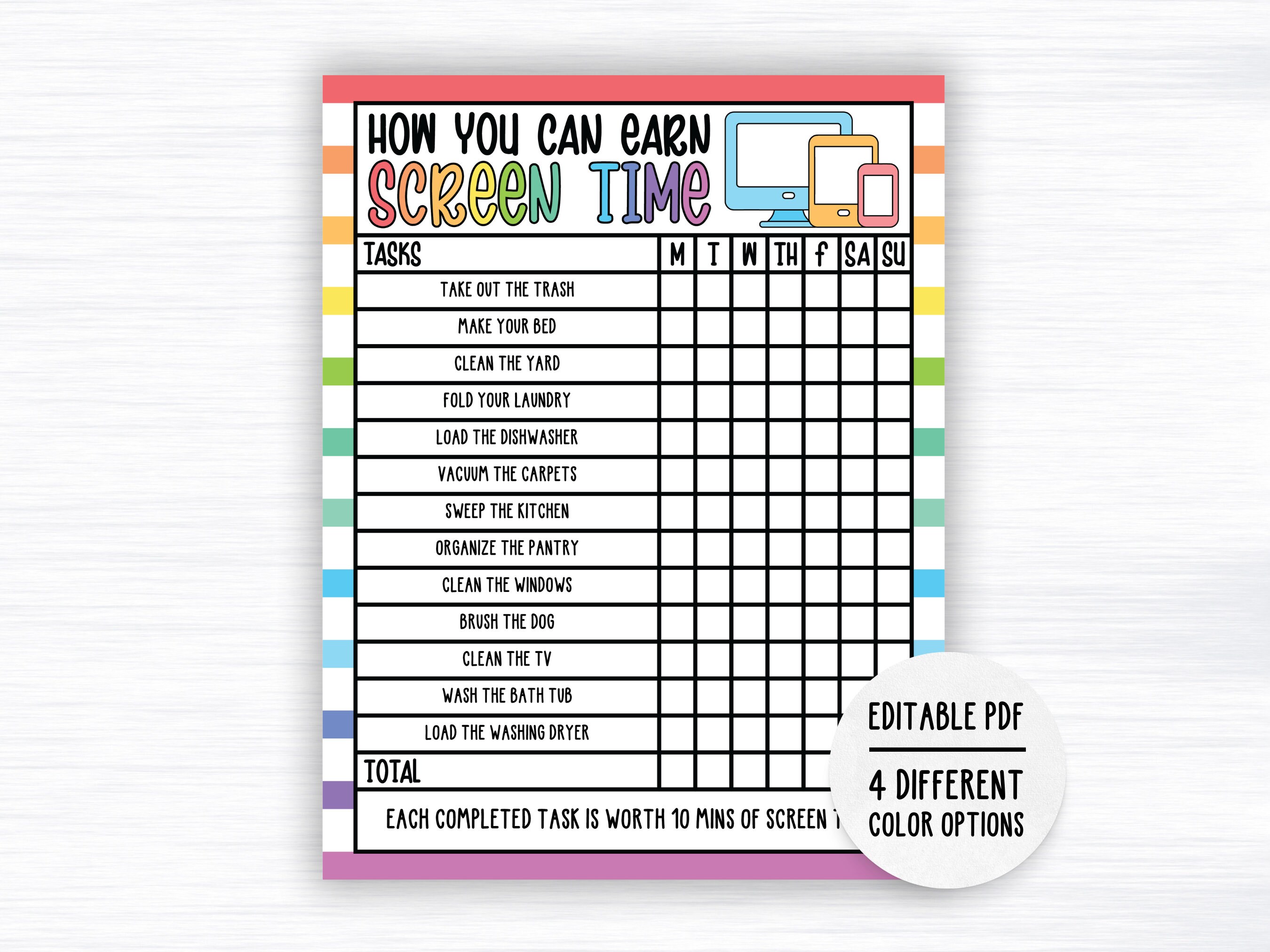 Screen Time Checklist, Editable, Printable, Screen Time Chore Chart ...