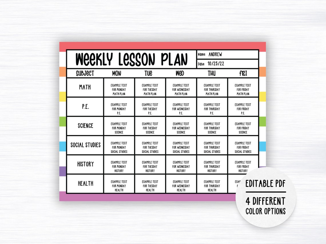Editable Weekly Lesson Plan, Printable Simple School Schedule, Weekly ...