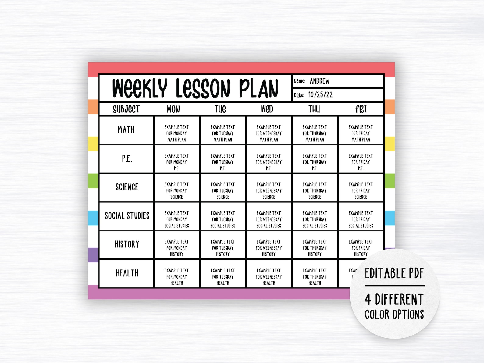 Editable Weekly Lesson Plan, Printable Simple School Schedule, Weekly ...