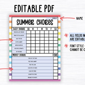 Editable Chore Chart, Printable Summer Daily & Weekly Kids Chore ...