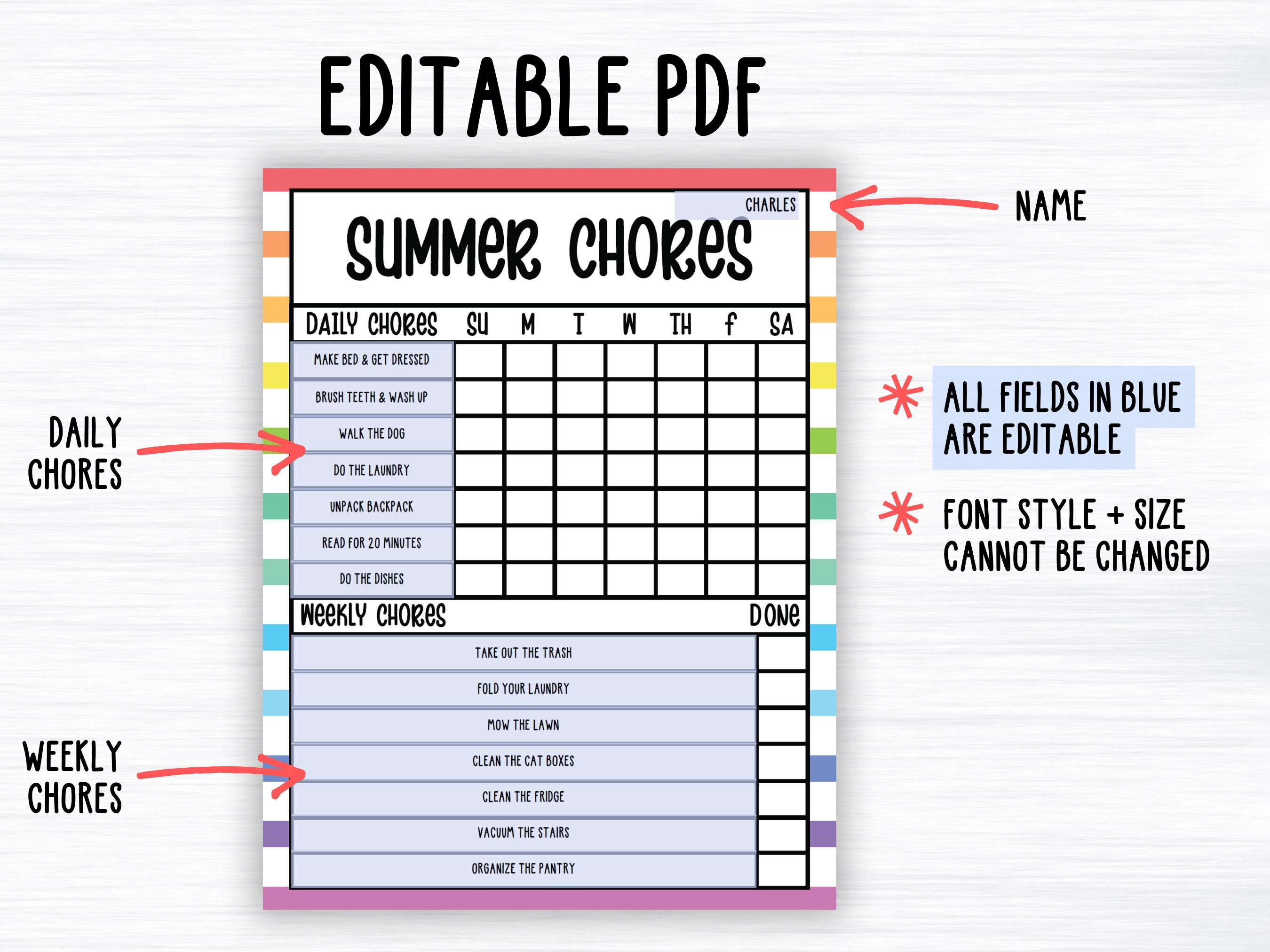 Editable Chore Chart, Printable Summer Daily & Weekly Kids Chore ...