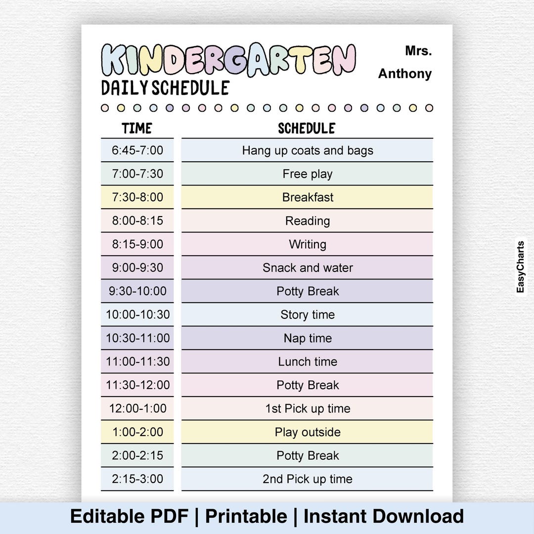 Kindergarten Daily Schedule, Daycare, Kids Daily Schedule Template ...
