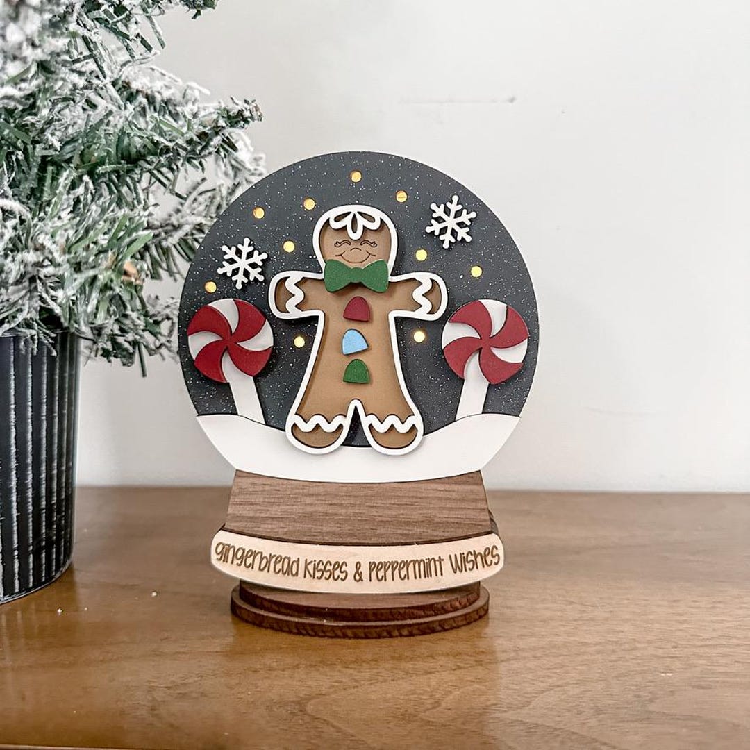 Lighted Wood Snow Globe - Gingerbread Man, Peppermint Wishes ...