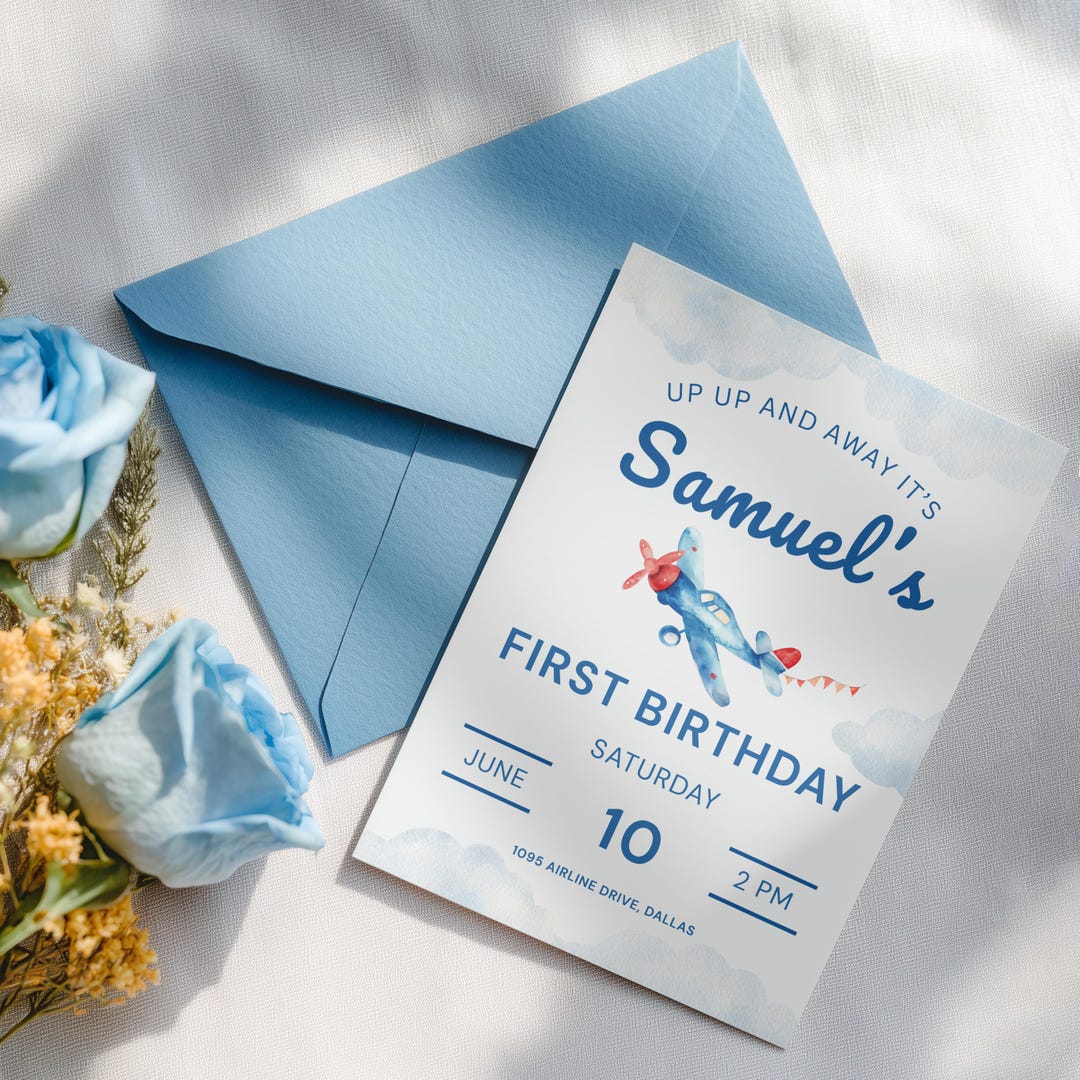 Editable Airplane Birthday Invitation Canva Template | Birthday ...