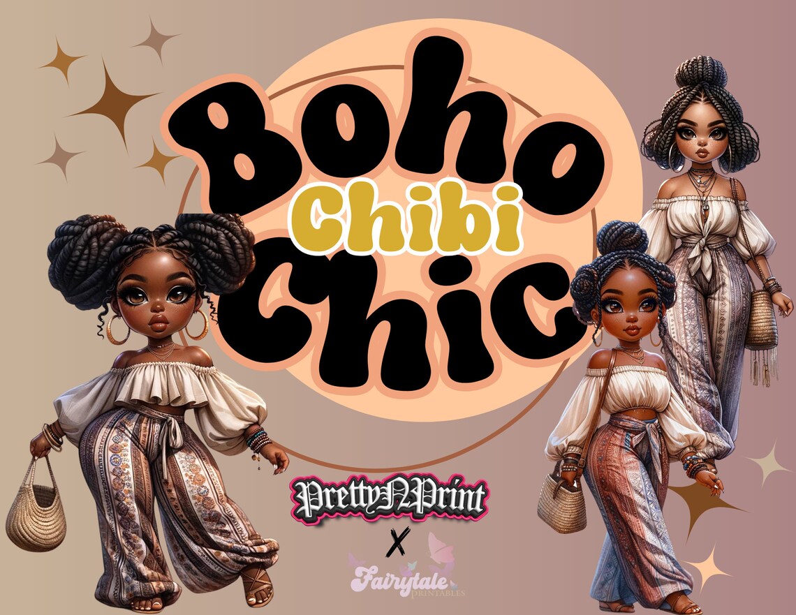 16 Boho Chic Cute Chibi Clipart - Digital Download, Chibi Stickers, PNG ...