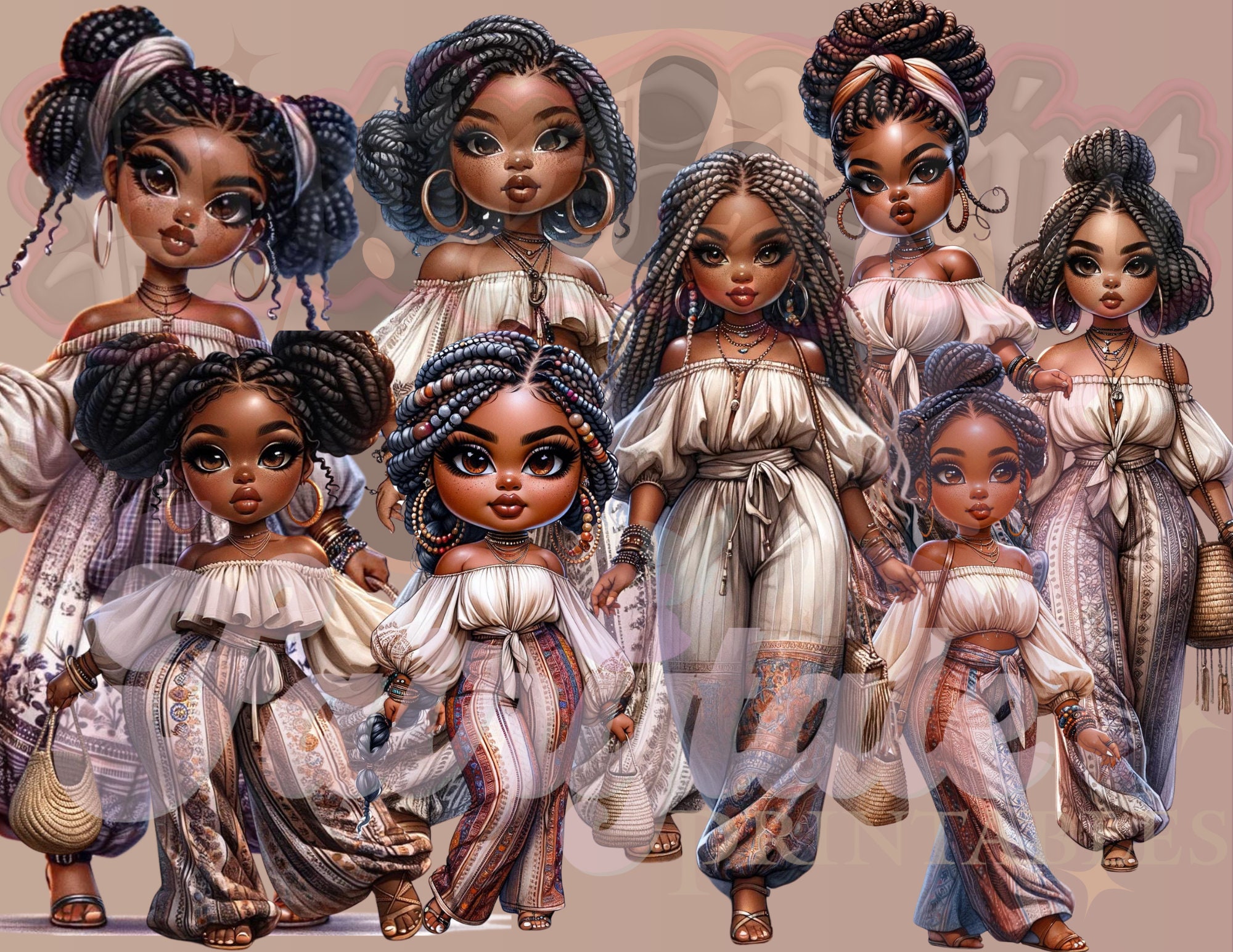 16 Boho Chic Cute Chibi Clipart - Digital Download, Chibi Stickers, PNG ...