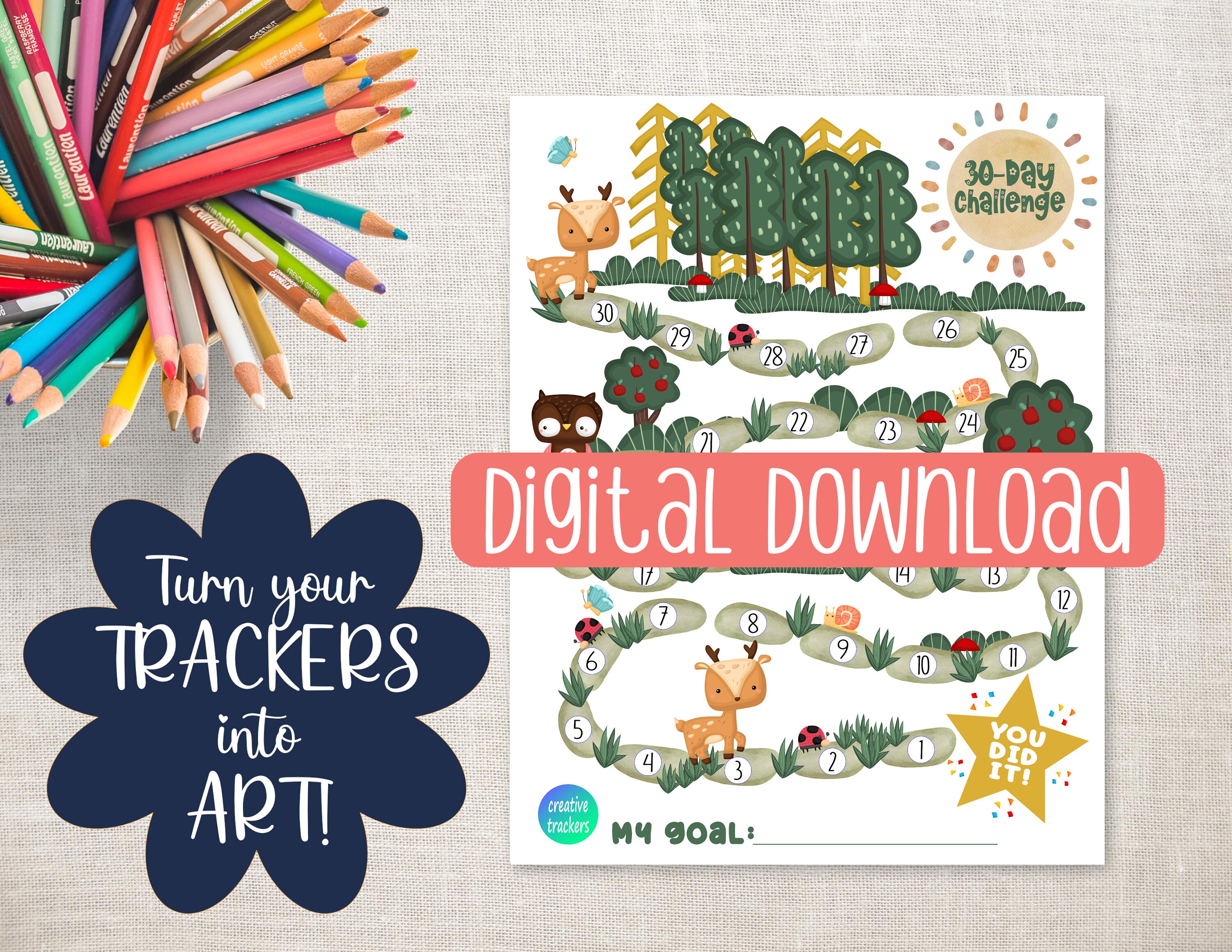 30 Day Challenge, Woodland Creatures, Goal Tracker, Sticker Chart, New ...