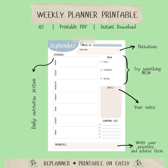 Weekly Planner Printable A5 - Etsy