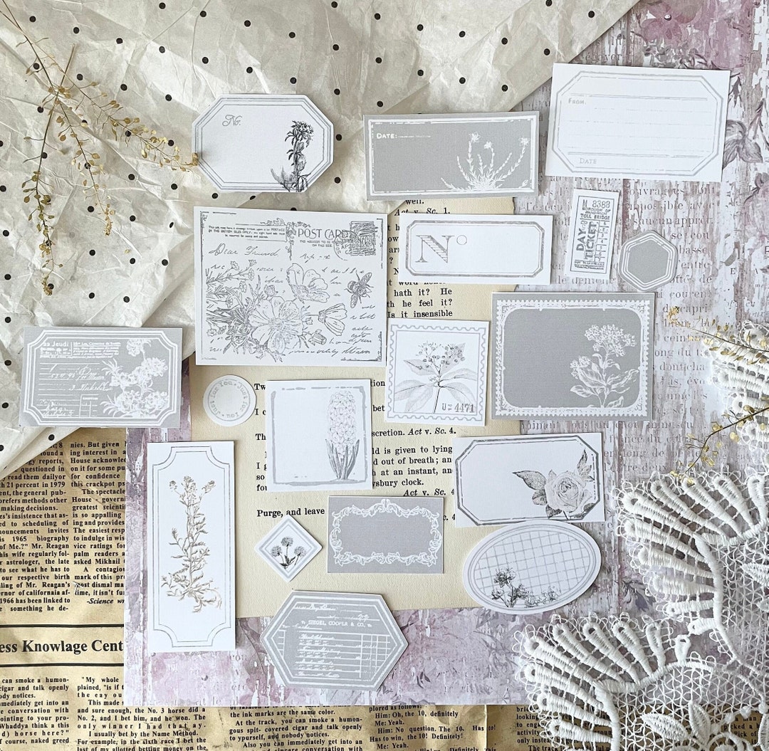 Ephemera Set - Gray Vintage Flower Labels | 18 Pieces | Journal | Junk ...