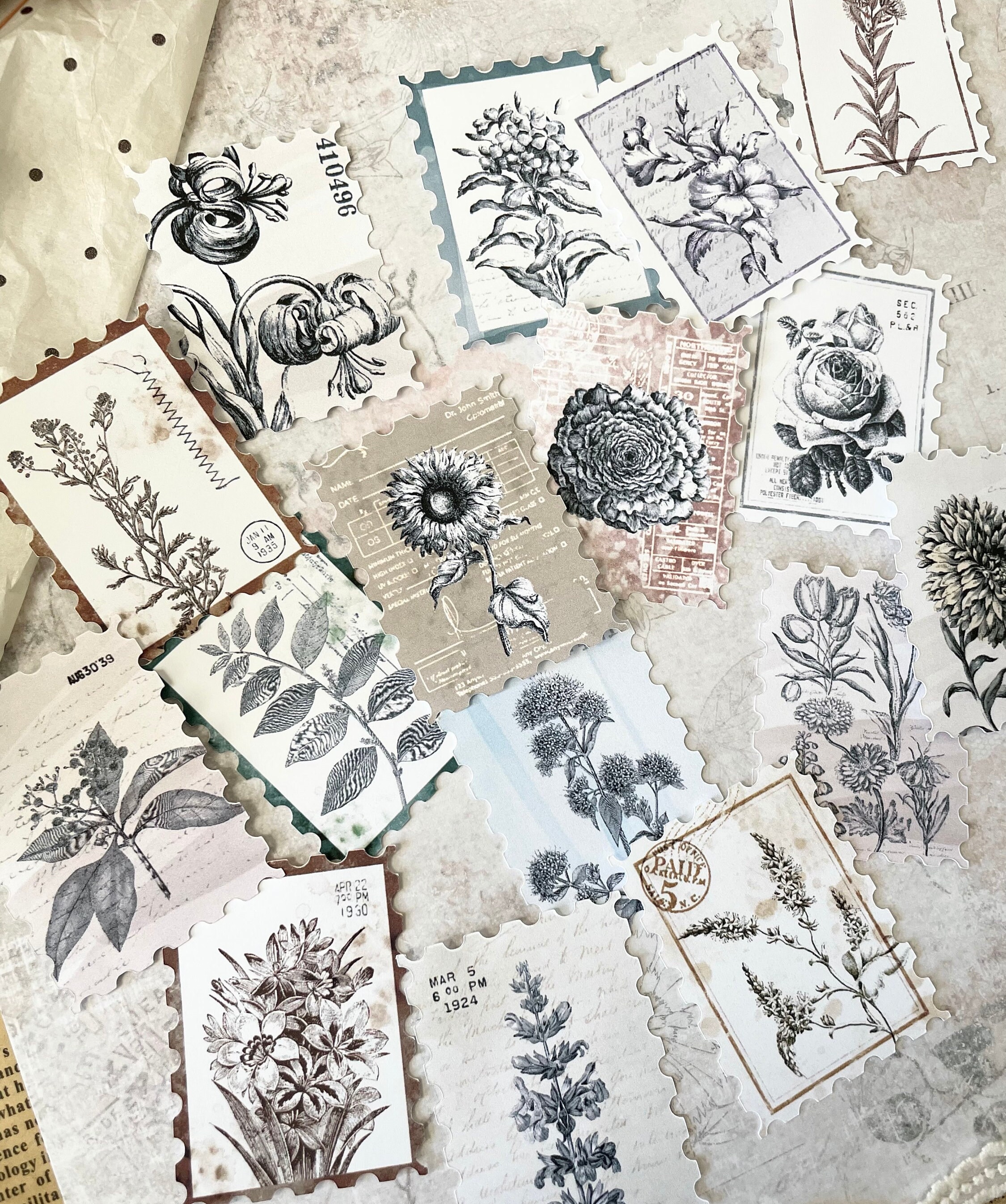 Postage Design Ephemera Set - Vintage Flowers | 16 Pieces | Vintage ...